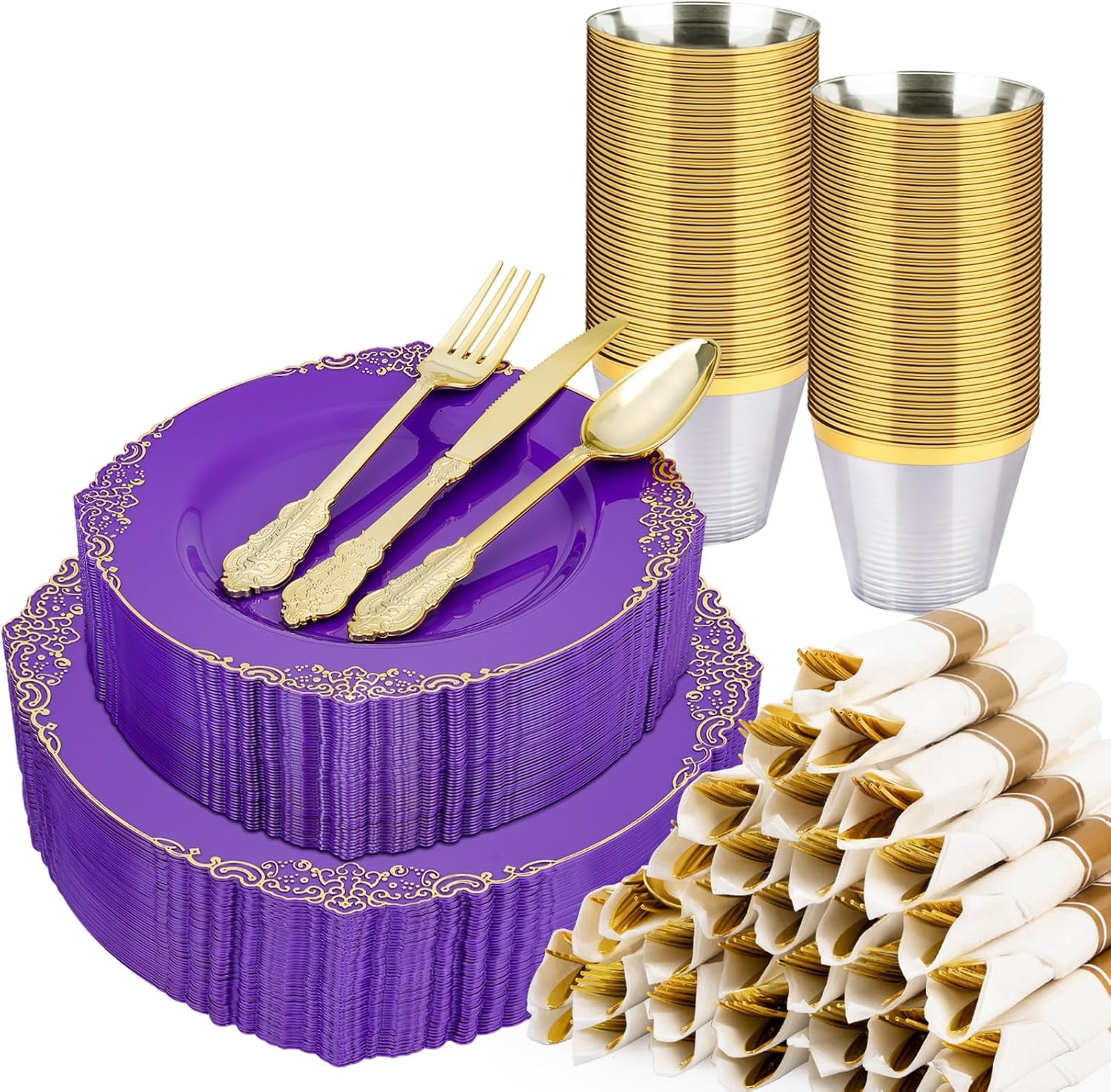 350 PCS Purple and Gold Plastic Plates, Plastic Dinnerware Set for 50 ...
