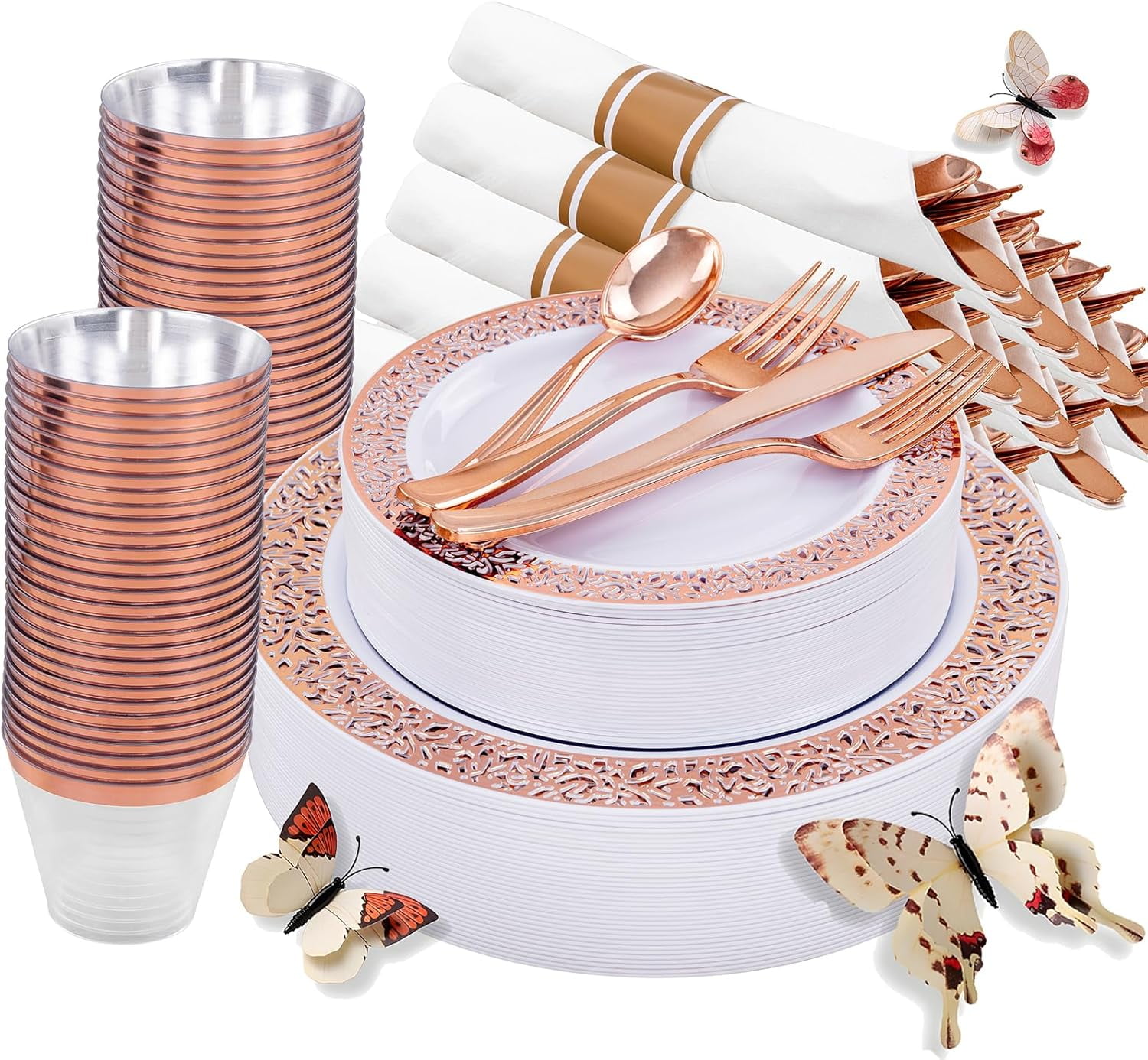 350 PCS Rose Gold Disposable Dinnerware Set for 50 Guests, Disposable ...