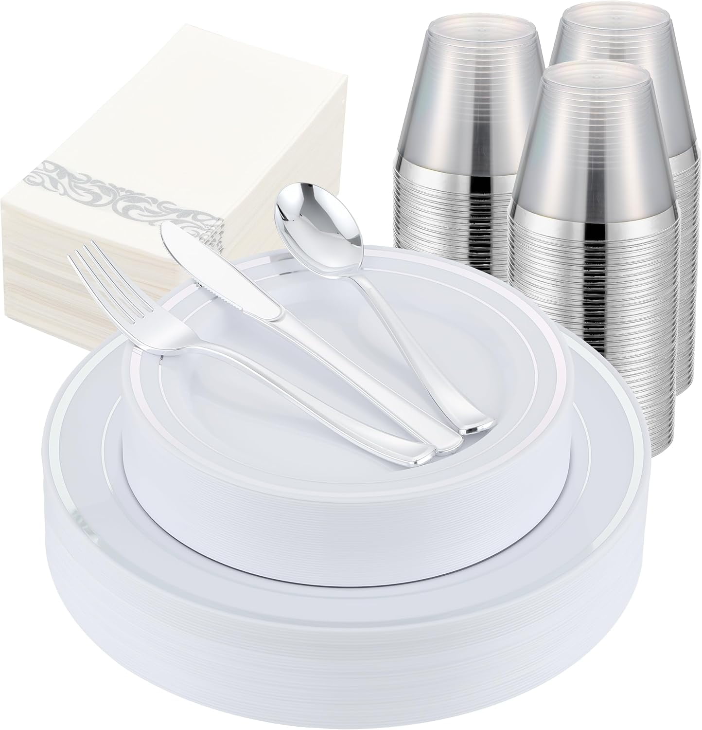 350 PCS Silver Plastic Dinnerware for 50 Guests,Silver and White ...