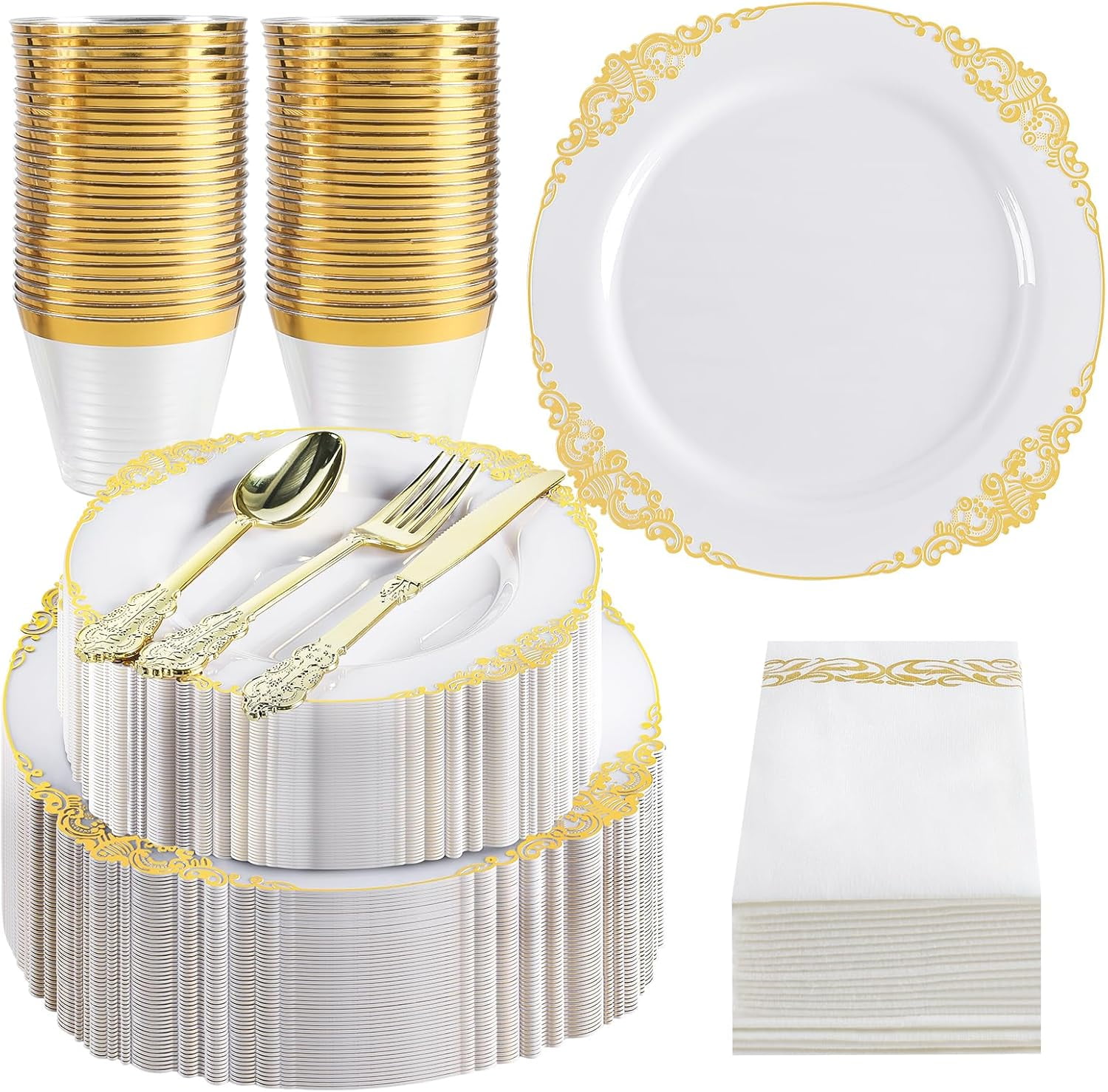 350 PCS White and Gold Plastic Dinnerware Set for 50 Guests,Disposable ...