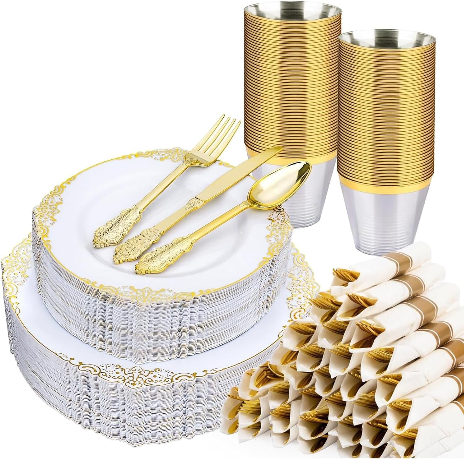 350 PCS White and Gold Plastic Plates, Plastic Dinnerware Set for 50 ...