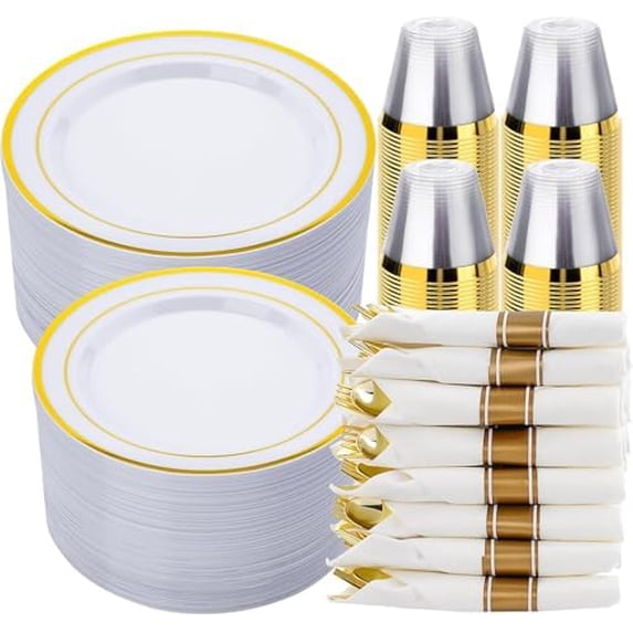350 PCS White and Gold Plastic Dinnerware Set for 50 Guests, 100 ...