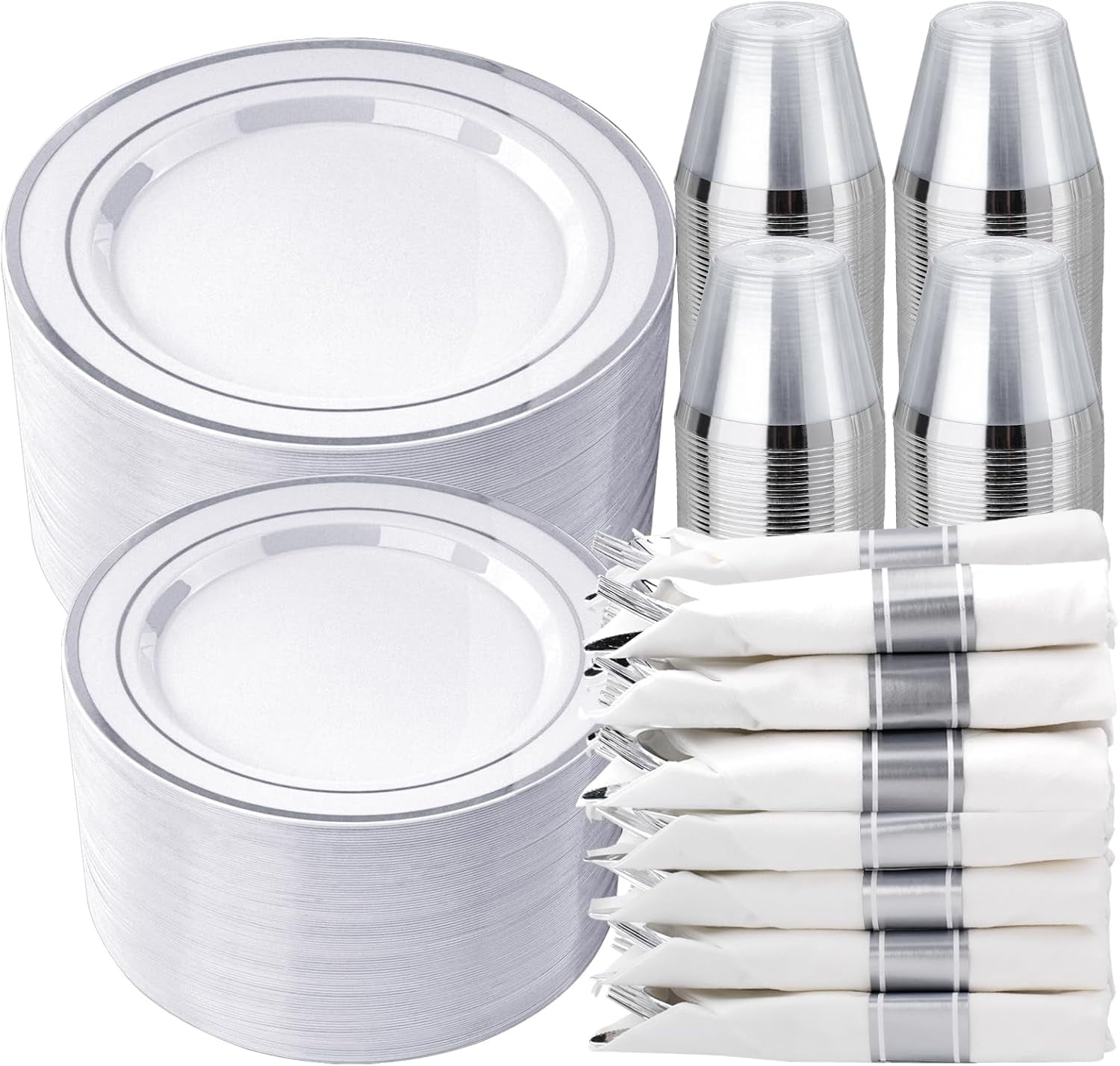 350 PCS White and Silver Plastic Dinnerware Set for 50 Guests, 100 ...