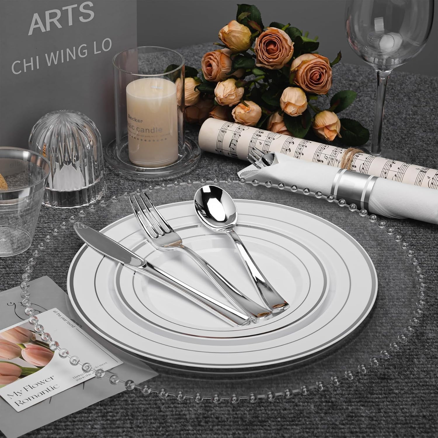 350 PCS White and Silver Plastic Dinnerware Set for 50 Guests - Walmart.com