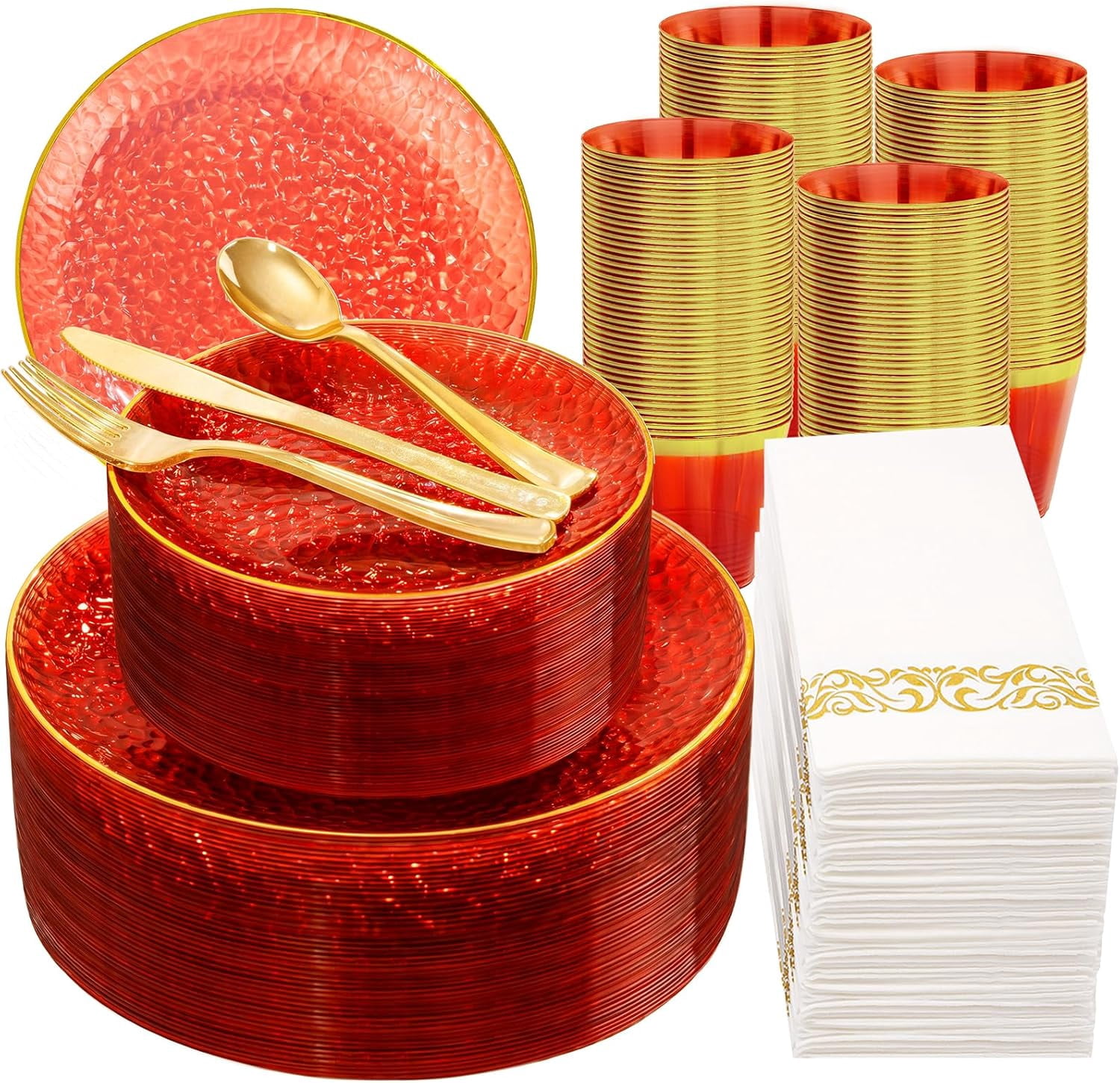350 Pc Plastic Dinnerware Set for 50 Guests, Red and Gold Party Plates ...