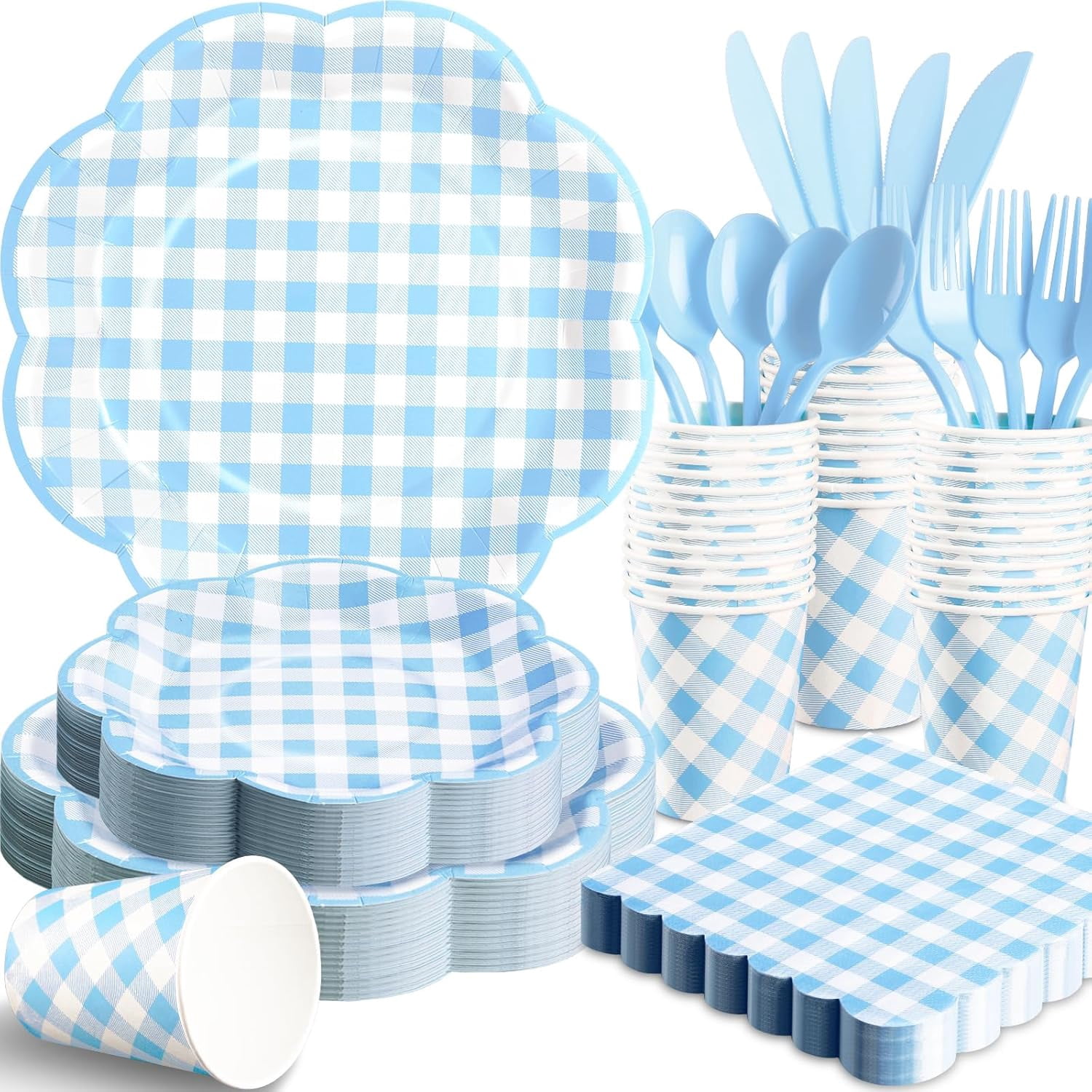 350 Pcs Blue Gingham Plates and Napkins Party Supplies - Blue and White ...