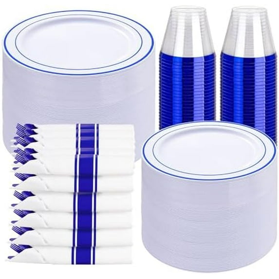 350 Pcs Blue Plastic Plates for 50 Guests - Plastic Dinnerware Set ...