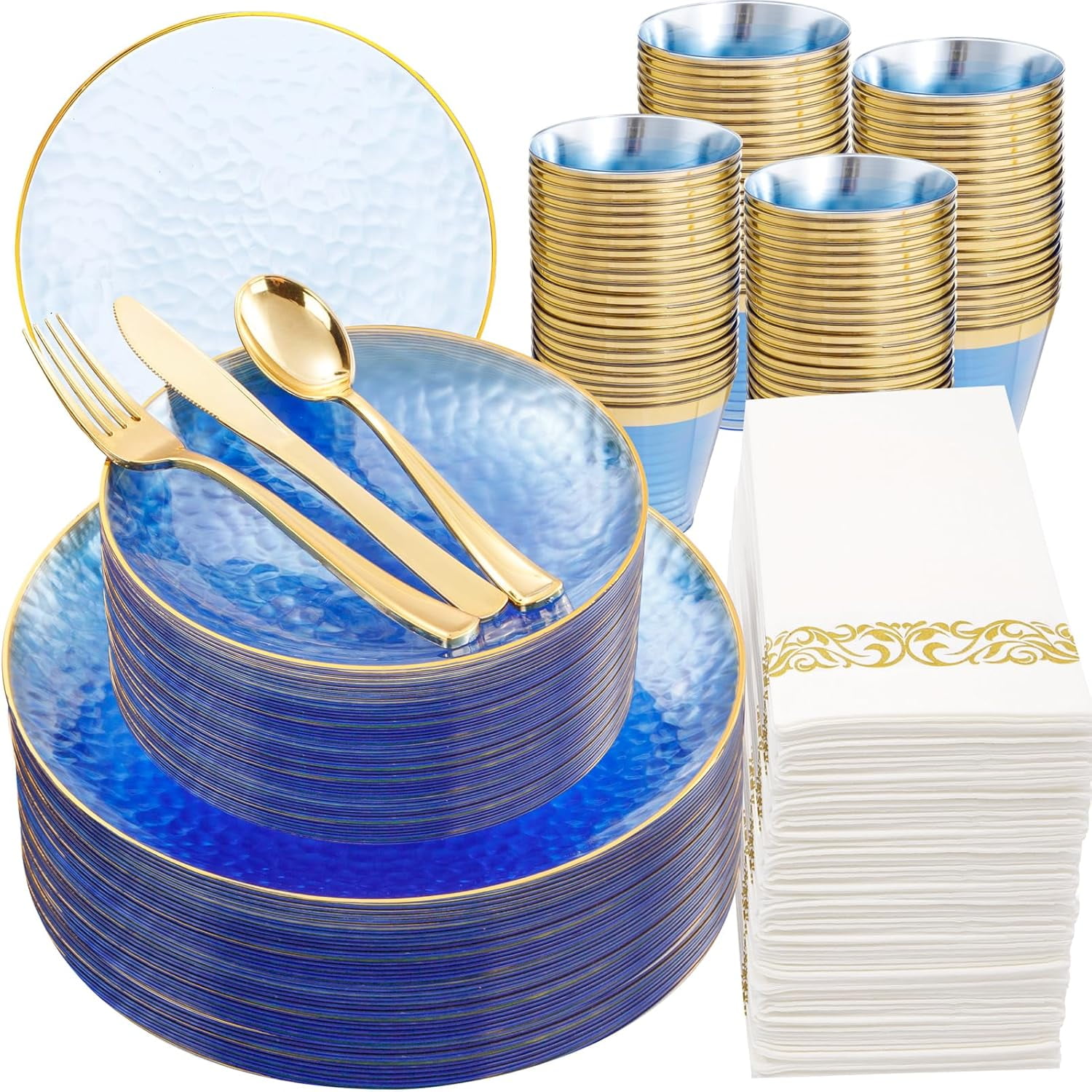 350 Pcs Clear Blue Plastic Plates, Blue Gold Plastic Dinnerware Set (50 ...
