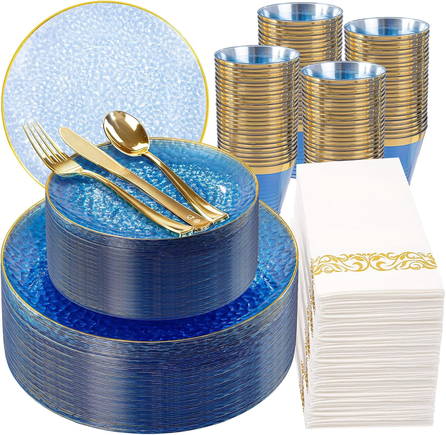 350 Pcs Clear Blue Plastic Plates with Gold Rim, Disposable Hammered ...