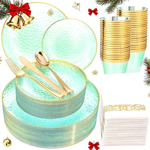 350 Pcs Clear Green Gold Plastic Plates Hammered Disposable Dinnerware ...