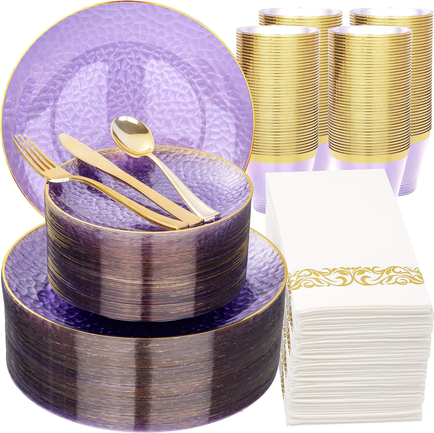 350 Pcs Clear Purple Plastic Plates, Gold Plastic Dinnerware Set (50 ...