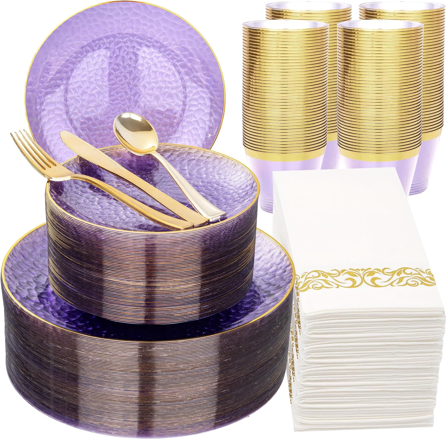 350 Pc Purple Plastic Plates with Gold Rim, Disposable Dinnerware Set ...