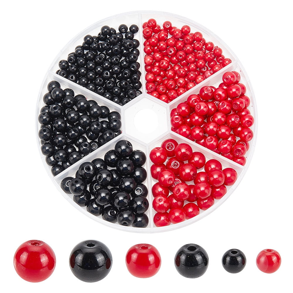 350 Pcs Glass Pearl Beads 3 Sizes Red Black Round Baking Painted ...