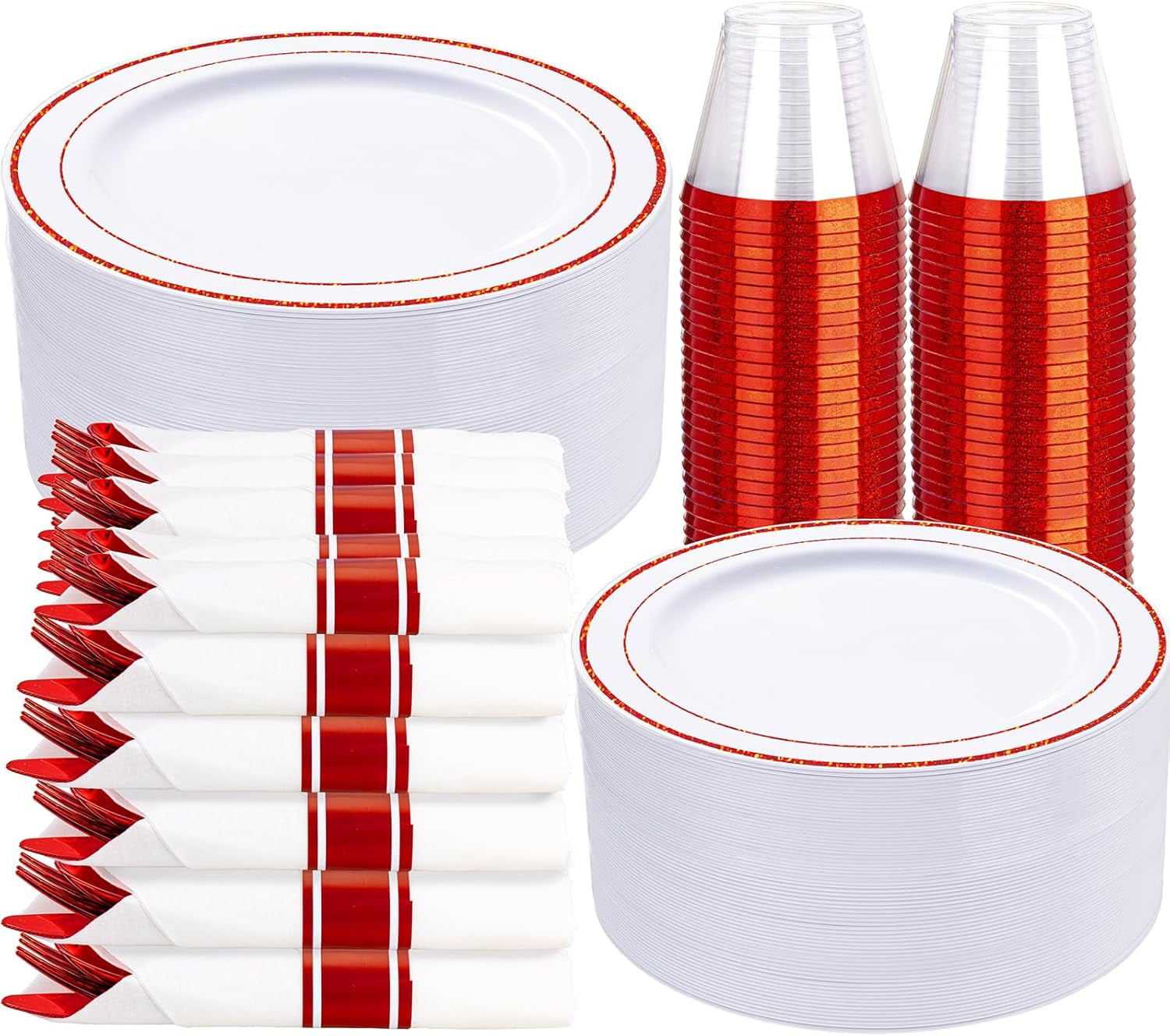 350 Pcs Red Plastic Plates for 50 Guests - Plastic Dinnerware Set ...