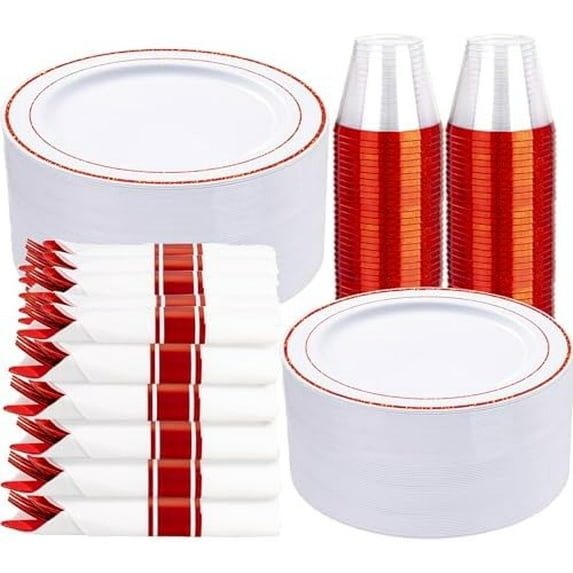 350 Pcs Red Plastic Plates for 50 Guests - Plastic Dinnerware Set,Party ...