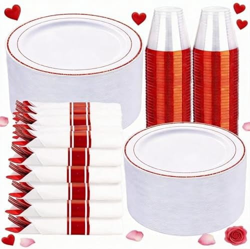 350 Pcs Red Plastic Plates for 50 Guests - Plastic Dinnerware Set,Party ...