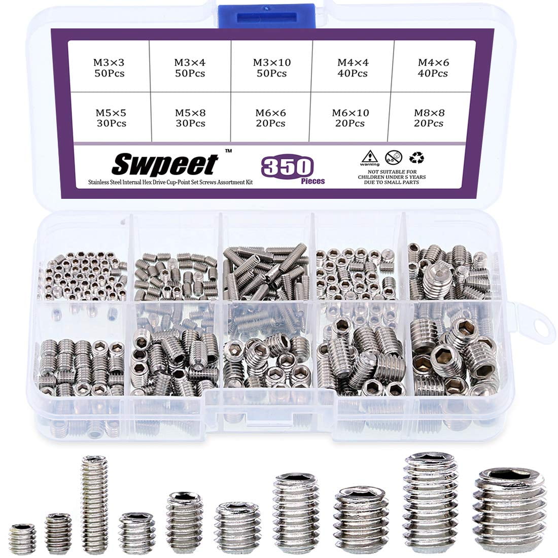 350 Pcs Stainless Steel Allen Head Socket Hex Grub Screw Assortment Kit, Including 10 Sizes M3/4 ...