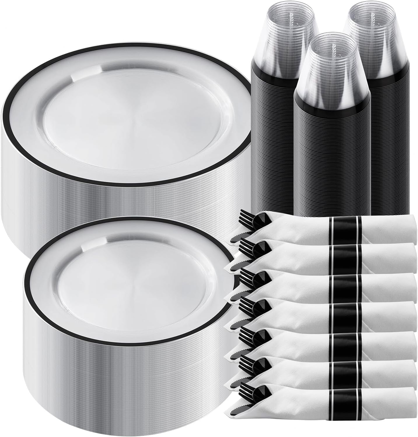 350 Piece Black Plastic Dinnerware Set for Party, Clear Disposable ...