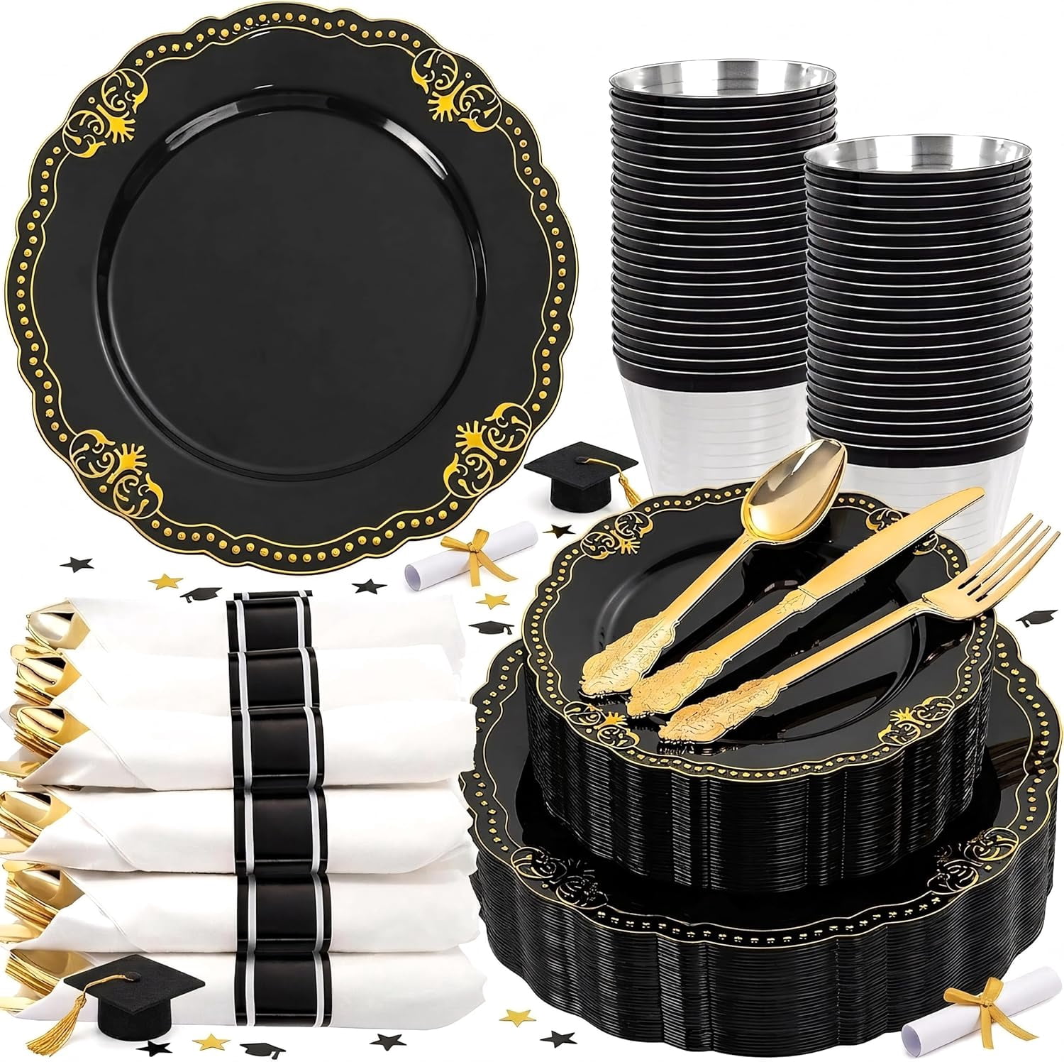 350-Piece Black Plastic Party Set with Gold Accents – Plates, Cutlery ...