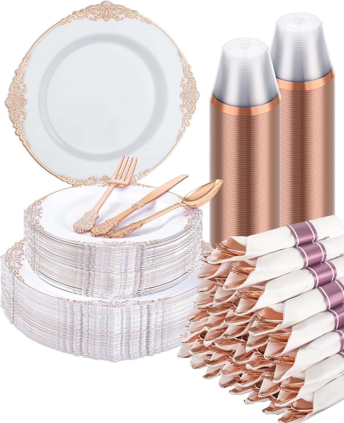 350 Piece Clear Gold Plastic Dinnerware Set for 50 Guests, Fancy ...