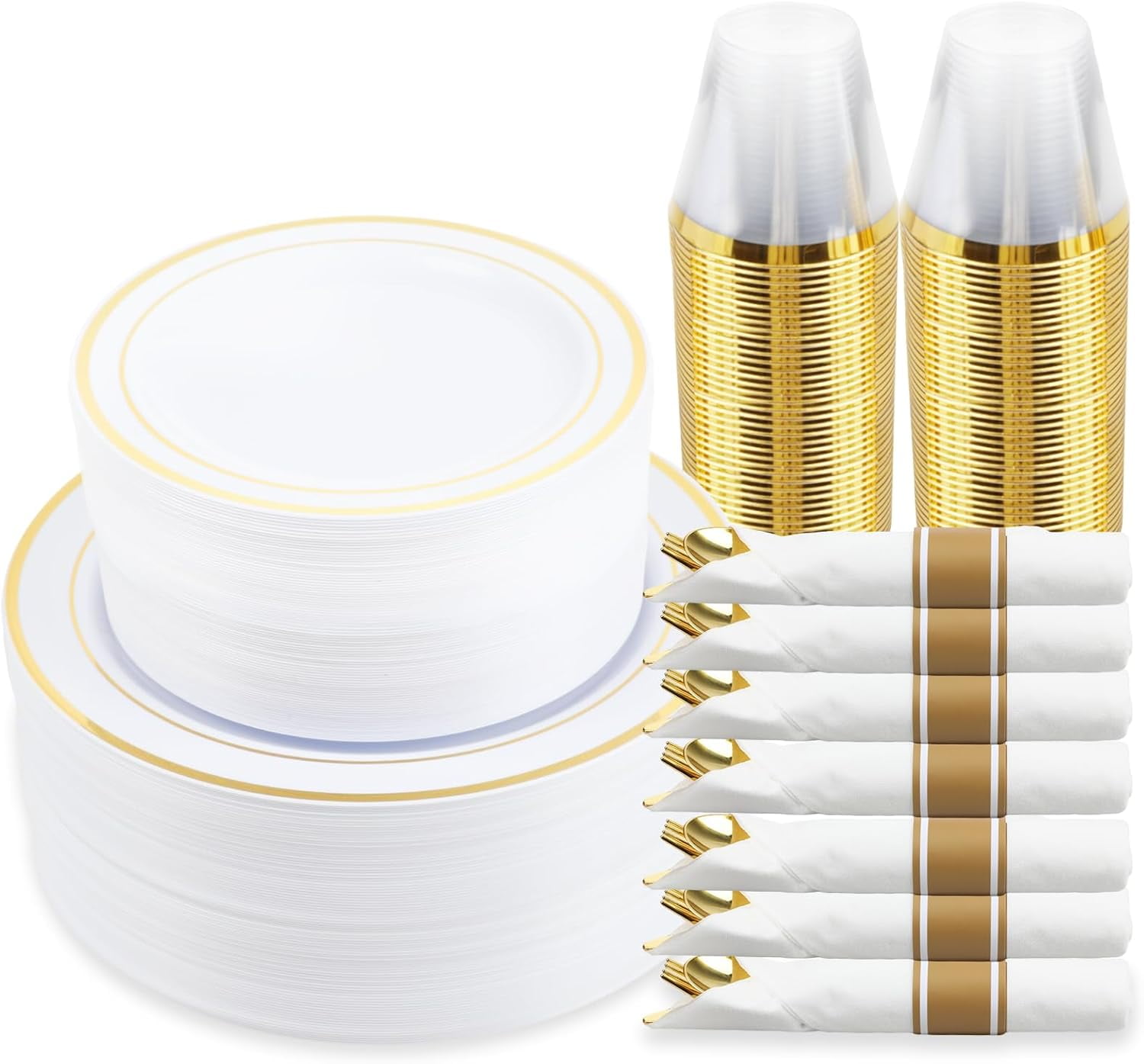 350 Piece Gold Dinnerware Set,100 Plastic Plates, 50 Cups,50 Pre Rolled ...
