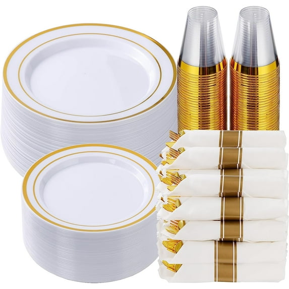 350 Piece Gold Plastic Dinnerware Set for 50 Guests, Fancy Disposable ...