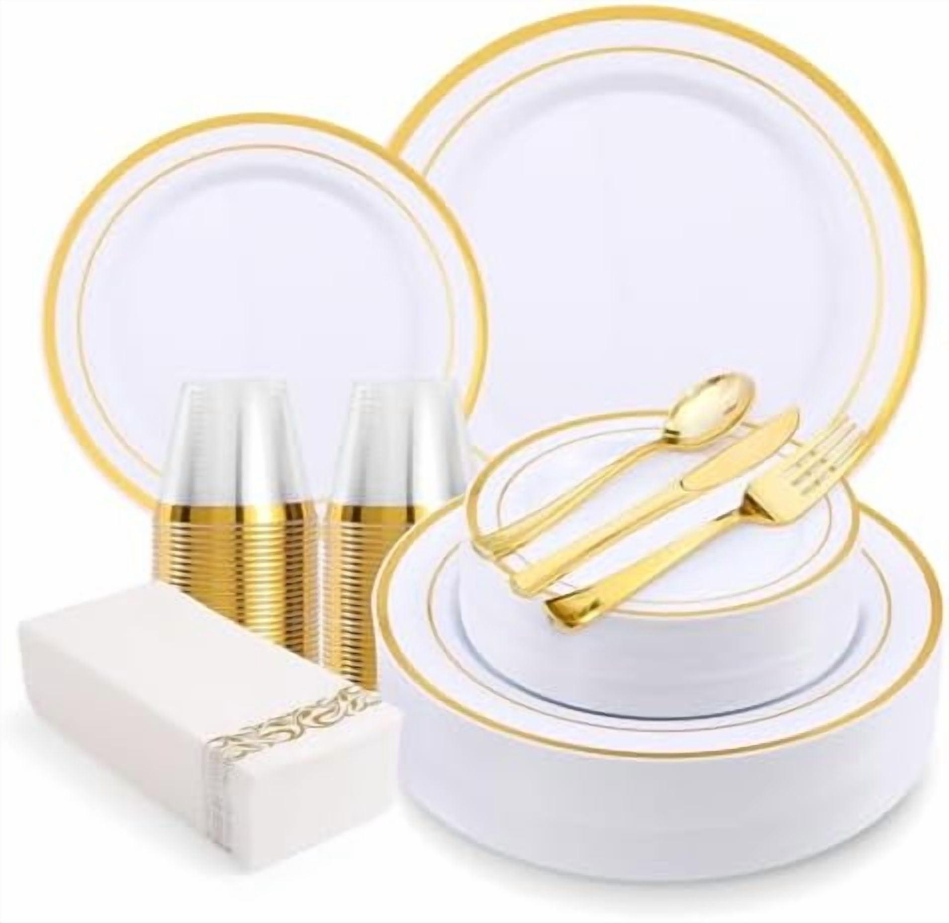 350-Piece Gold Rim Plastic Dinnerware Set for 50 Guests, Elegant ...