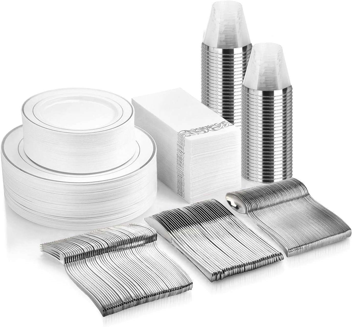 350 Piece MCIRCO Silver Dinnerware Set - 100 Silver Rim Plastic Plates ...