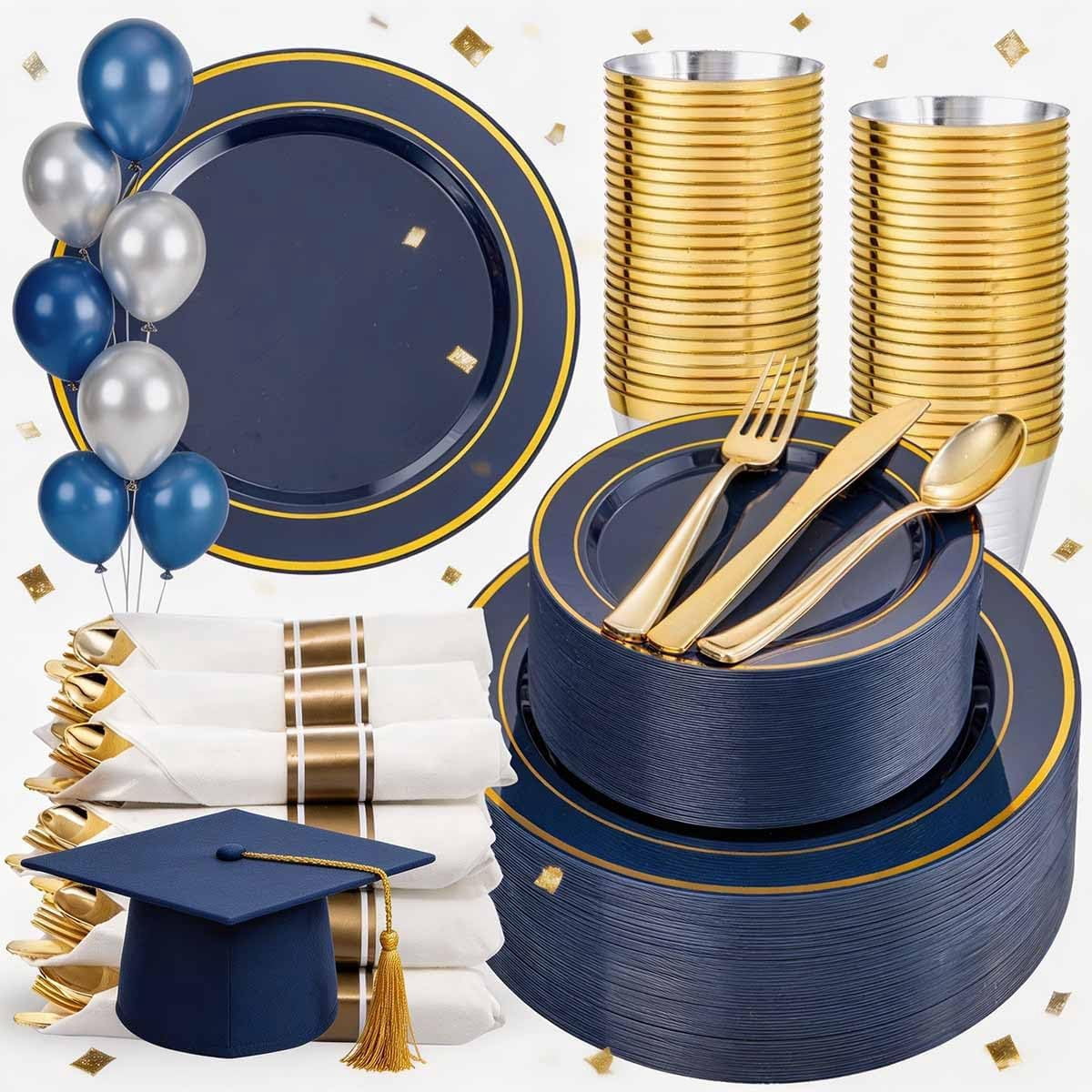 350 Piece Navy Blue and Gold Plastic Party Set with 10 Inch Dinner ...