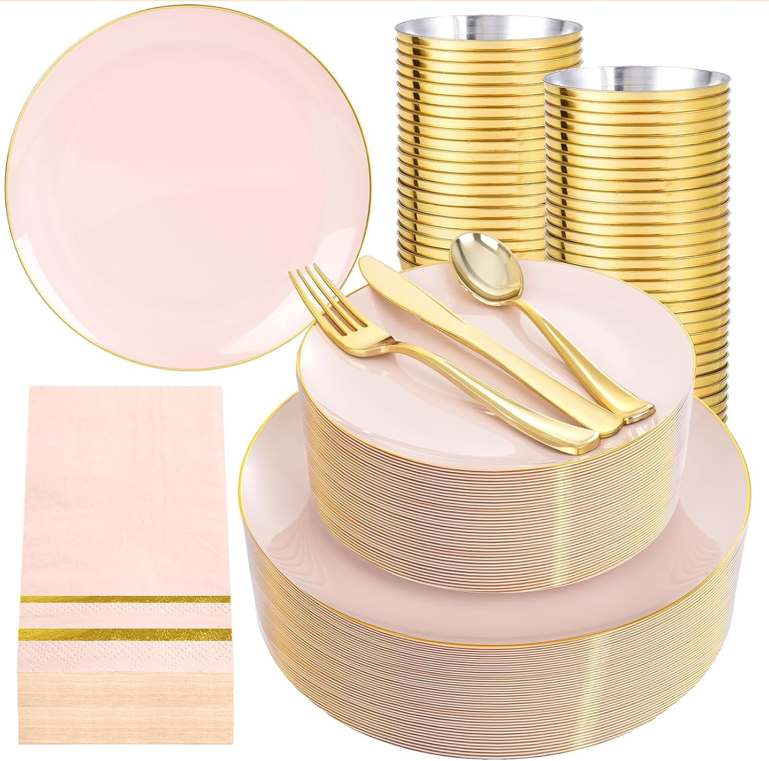 350-Piece Pink Gold Disposable Dinnerware Set for 50 Guests Including ...