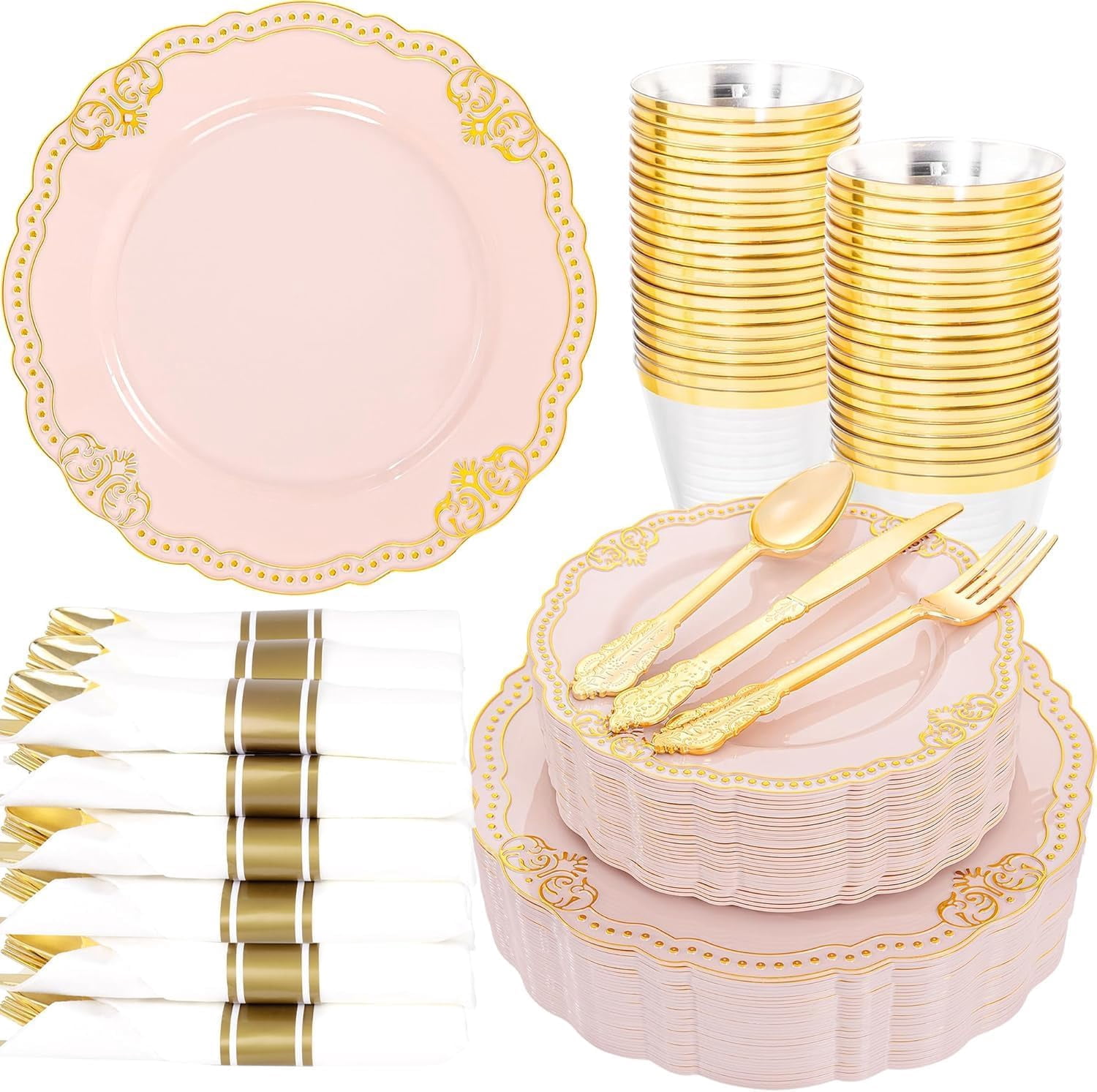 350-Piece Pink and Gold Vintage Plastic Disposable Tableware Set for ...