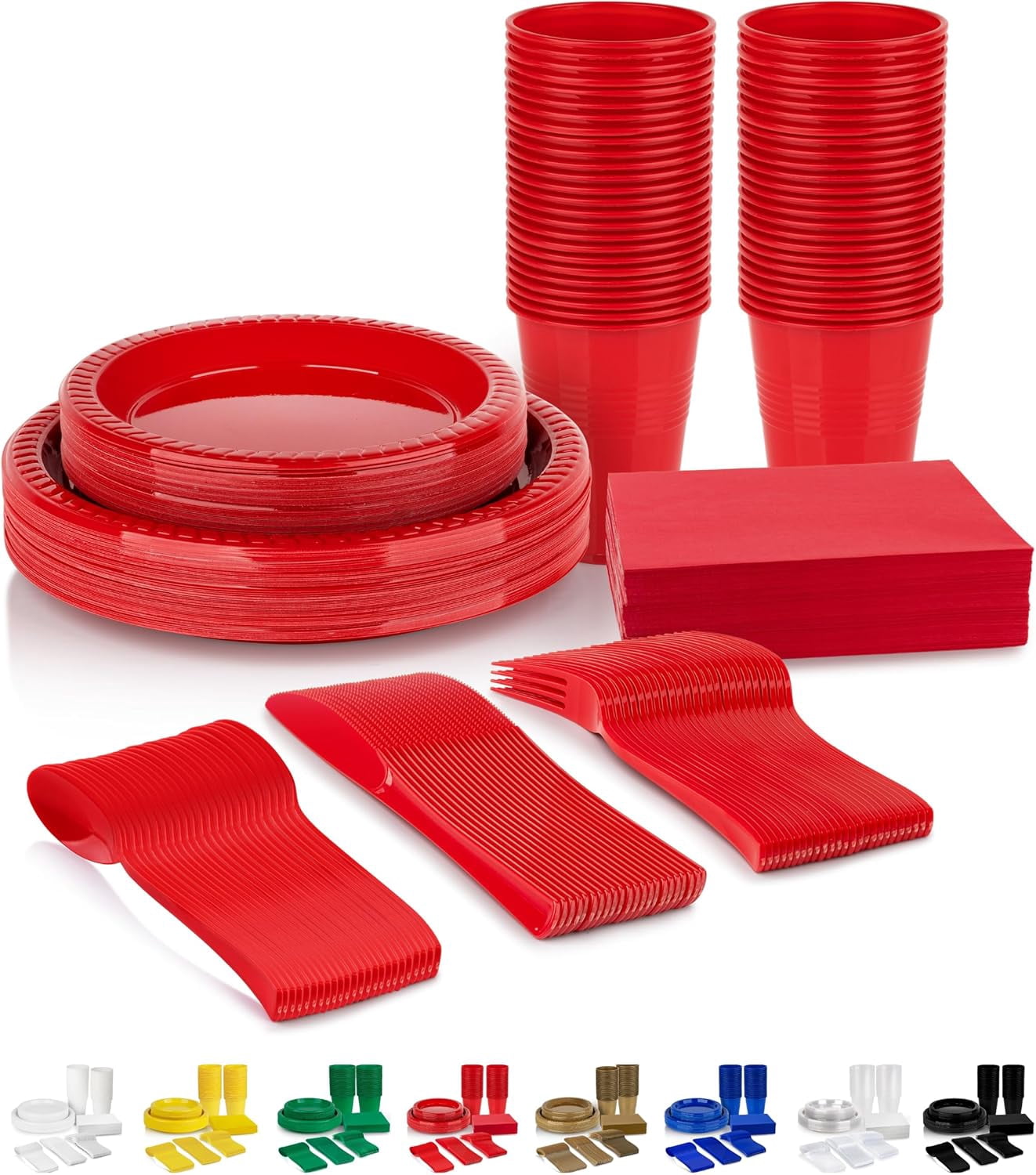 350 Piece RED Disposable Dinnerware Set 50 Guests, Plastic Party Plates ...