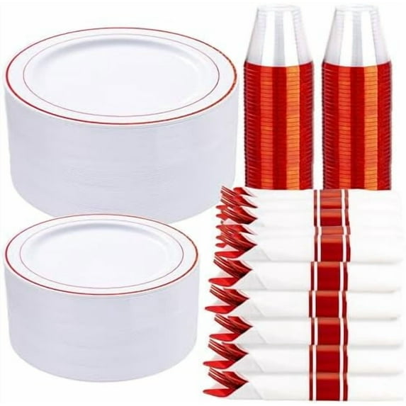 350-Piece Red Plastic Party Dishware Set - 50 Dinner Plates, 50 Dessert ...