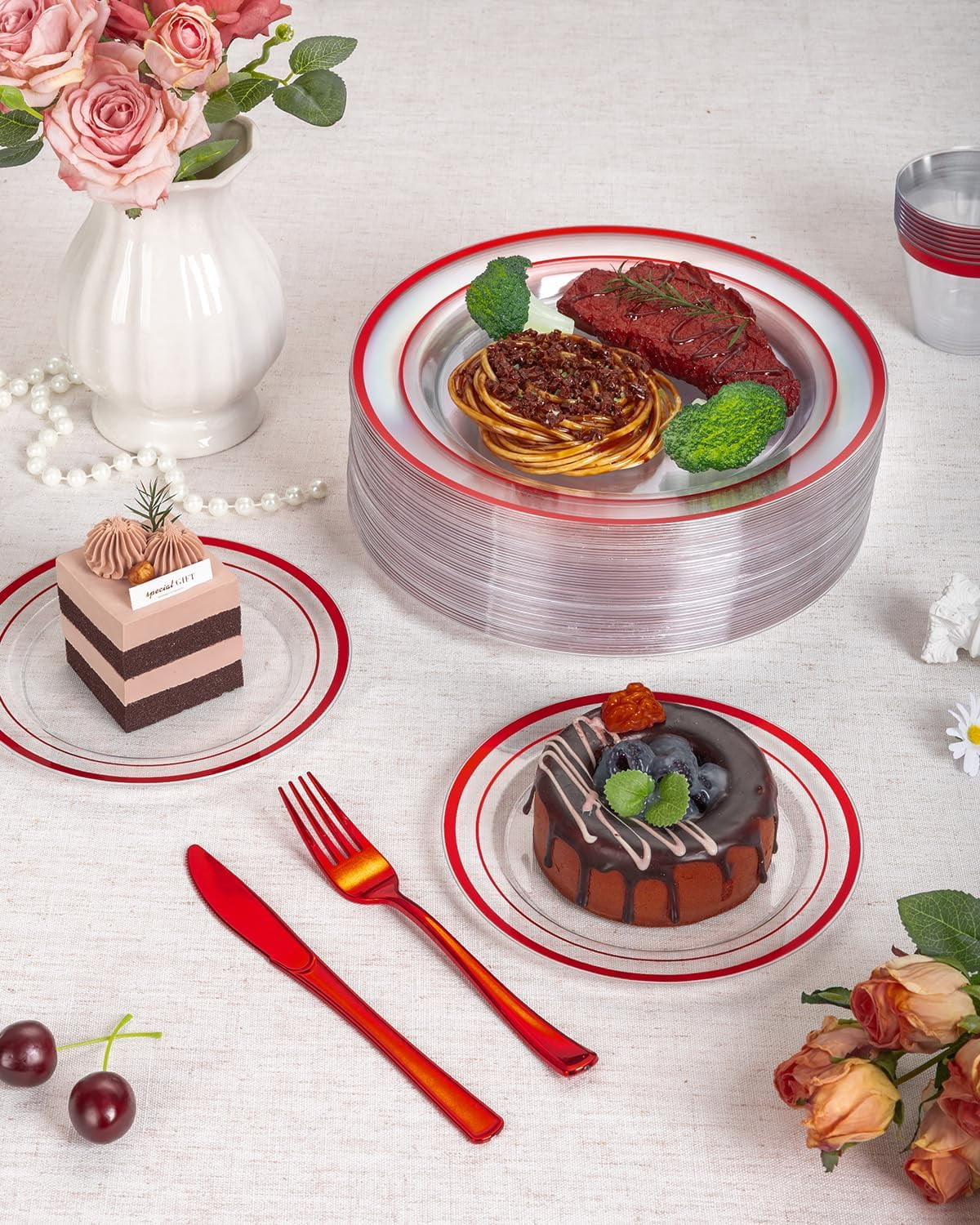 350 Piece Red Plastic Plates, Clear Plastic Silverware Disposable ...