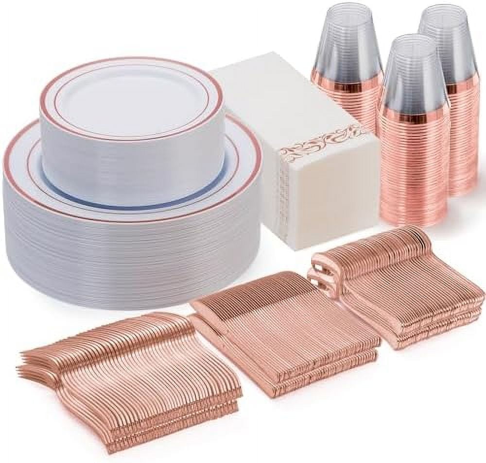 350 Piece Rose Gold Dinnerware Set for 50 Guests - Disposable Plastic ...
