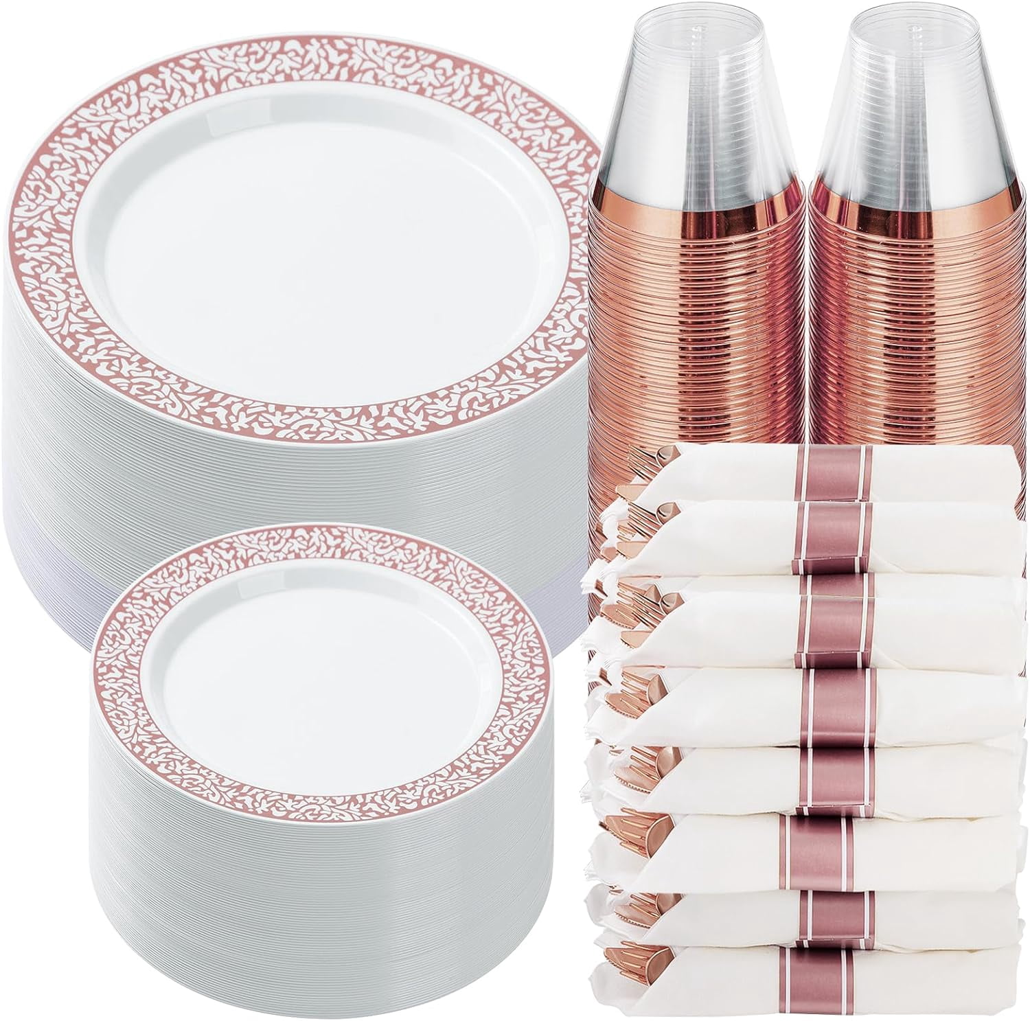350 Piece Rose Gold Plastic Dinnerware Set for 50 Guests, Disposable ...