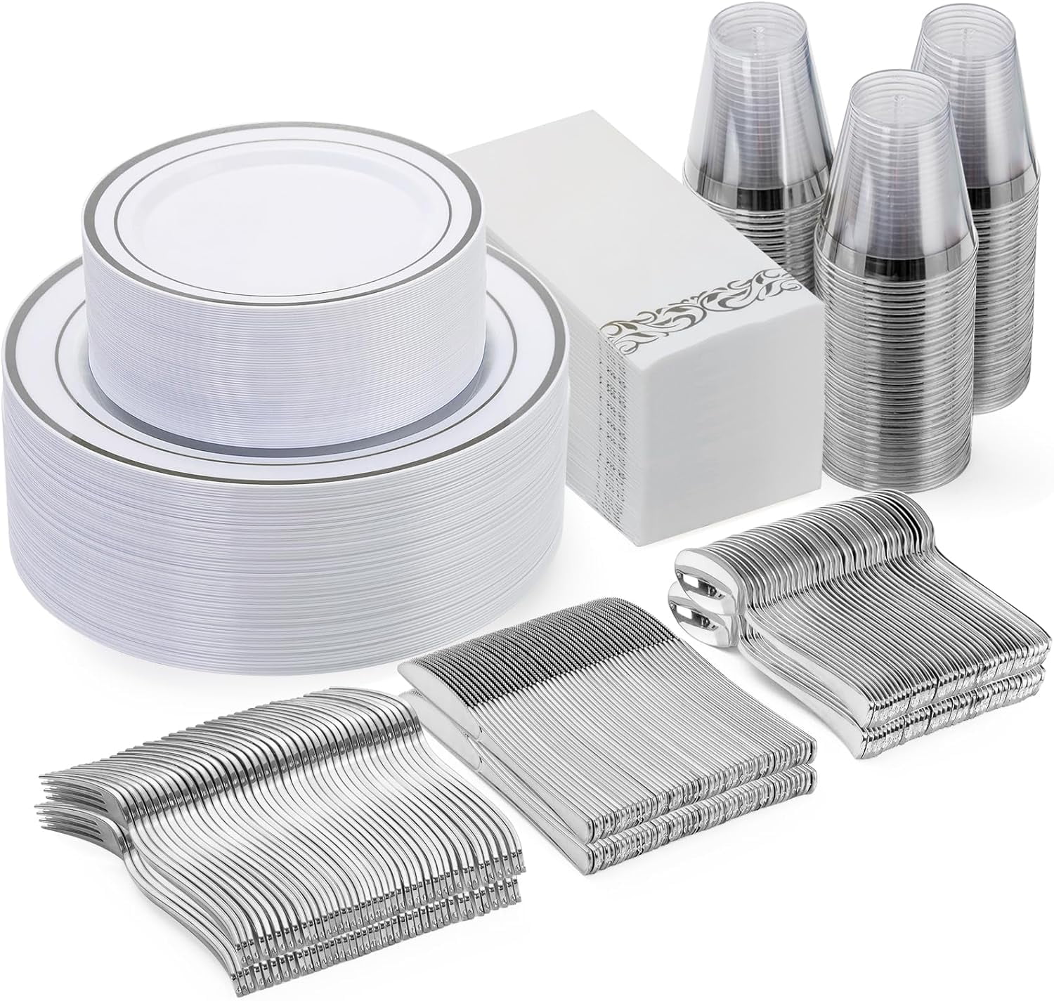 350 Piece Silver Dinnerware Set For 50 Guests, Disposable Plastic ...