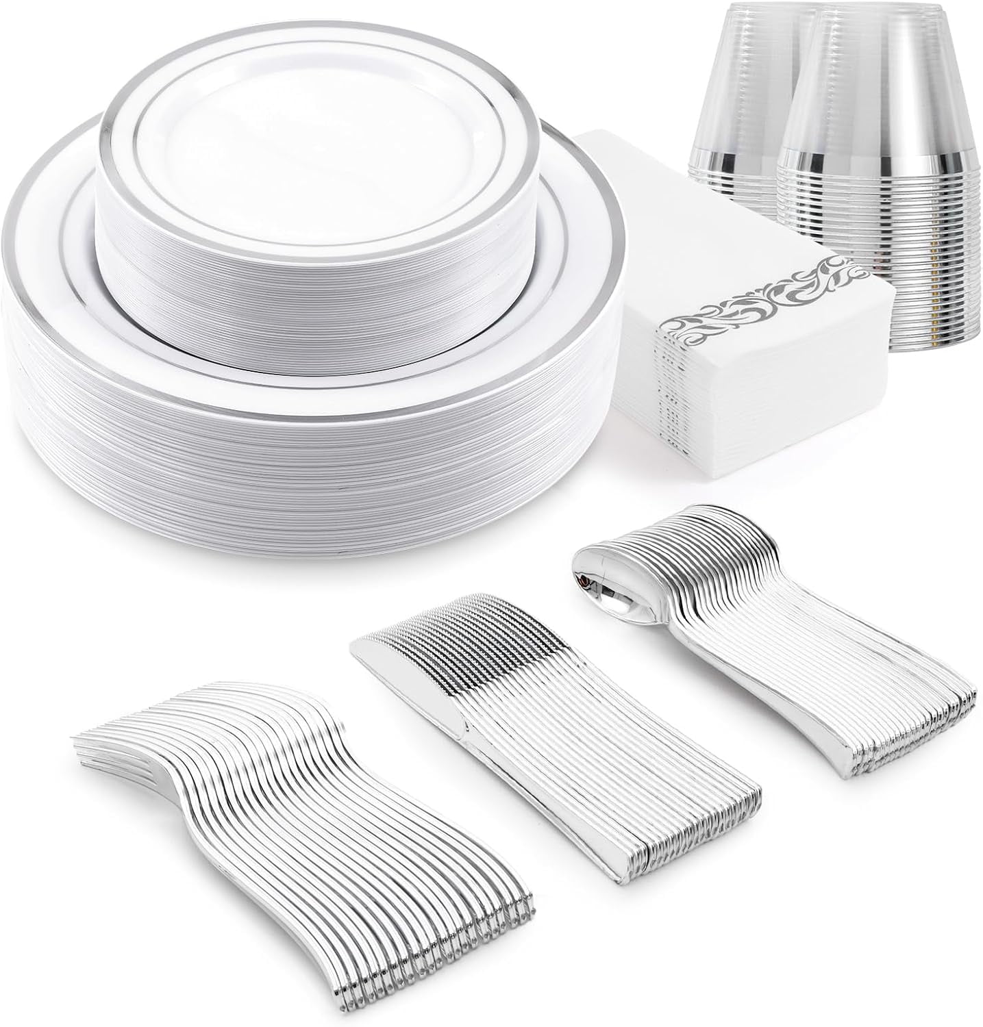 350-Piece Silver Rim Plastic Dinnerware Set for 50 Guests, Elegant ...