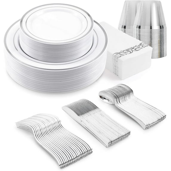 350-Piece Silver Rim Plastic Dinnerware Set for 50 Guests, Elegant ...