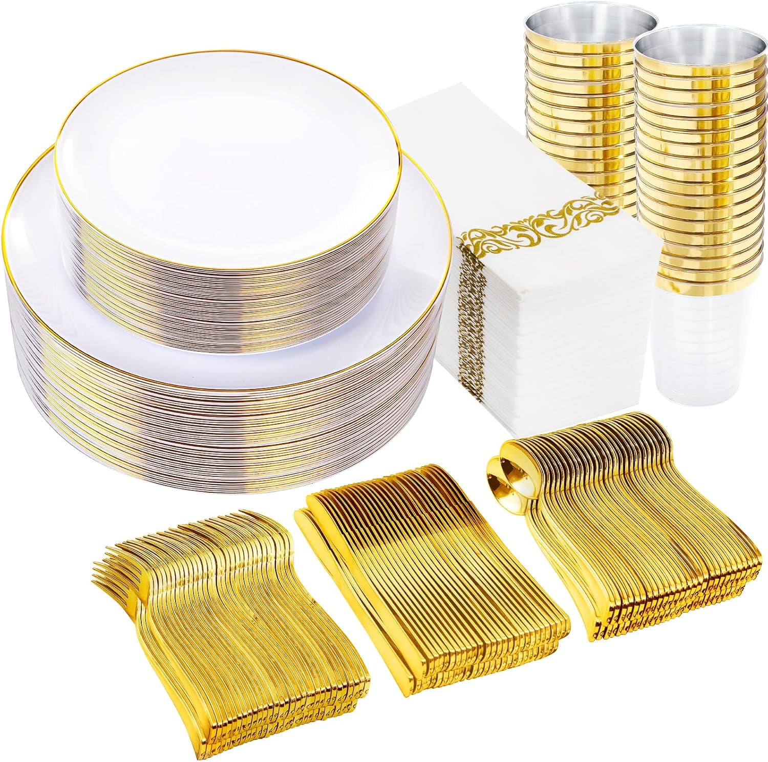 350-Piece White and Gold Plastic Party Set with Plates, Cutlery, Cups ...