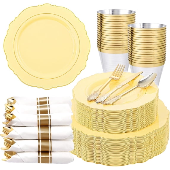 350-Piece Yellow Disposable Plastic Plates and Party Dinnerware Set ...