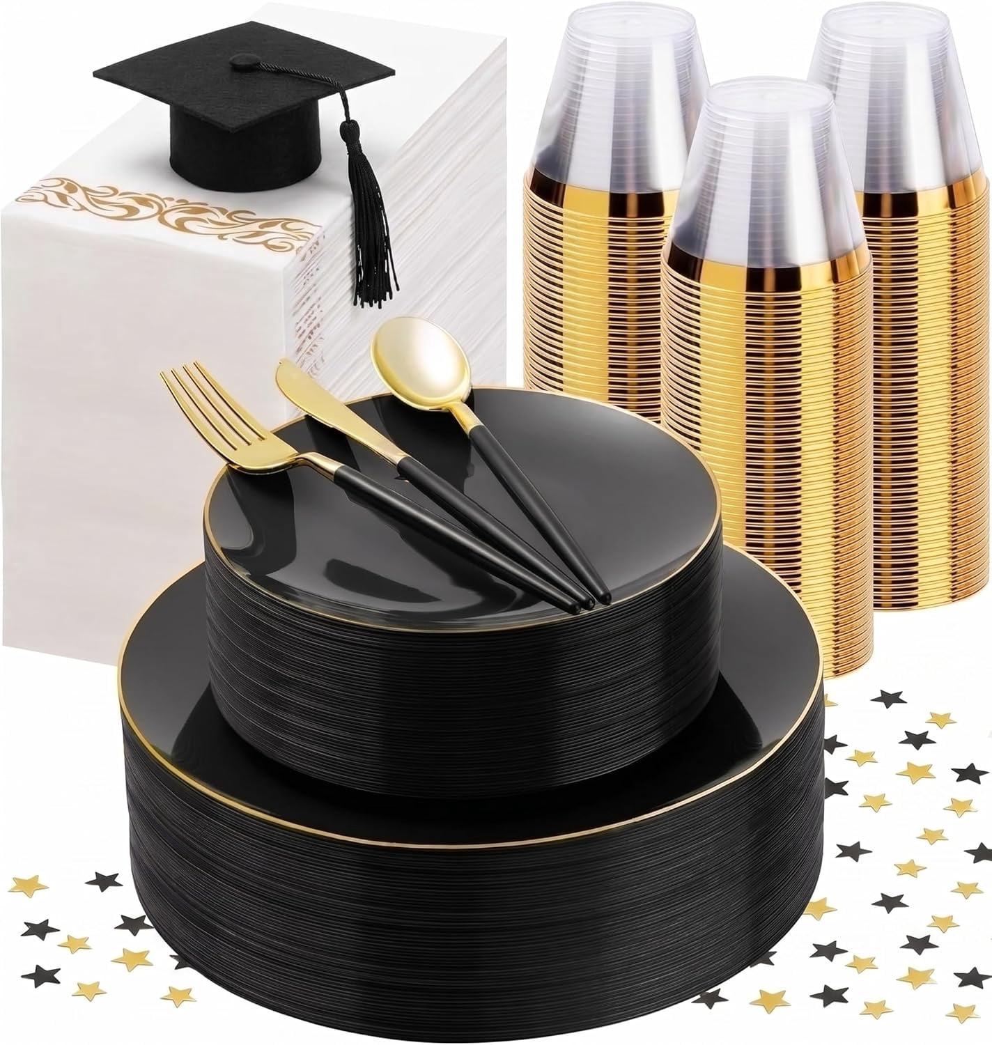 350 Pieces Black Gold Plastic Dinnerware Set, Gold Disposable Plates ...