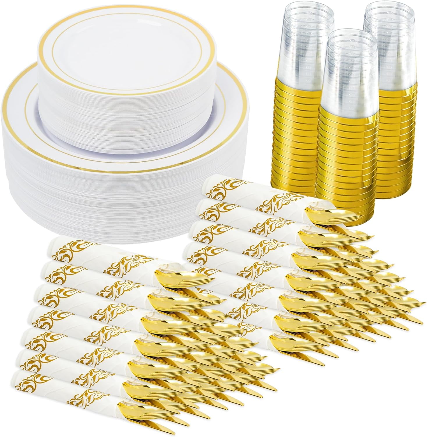 350 Pieces Gold Disposable Plates for 50 Guests, Disposable Plastic ...