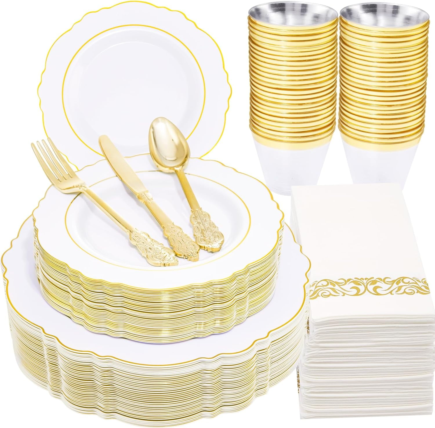 350 Pieces Gold Disposable Plates for 50 Guests, Plastic Plates for ...