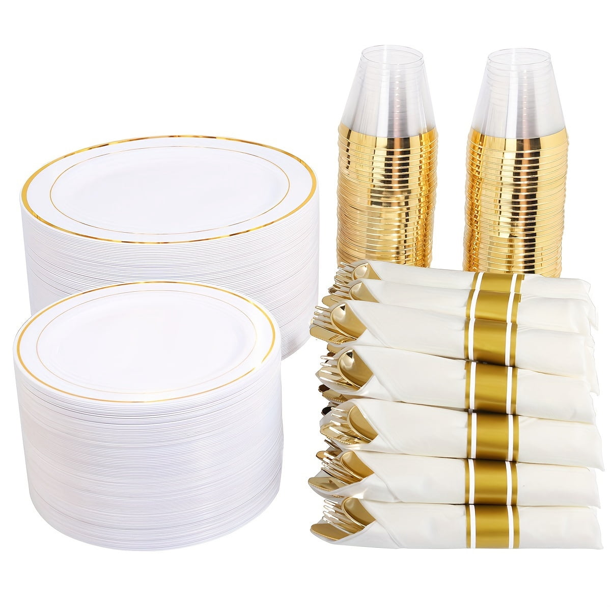 350 Pieces Gold Plastic Plates with Disposable Silverware and Cups ...