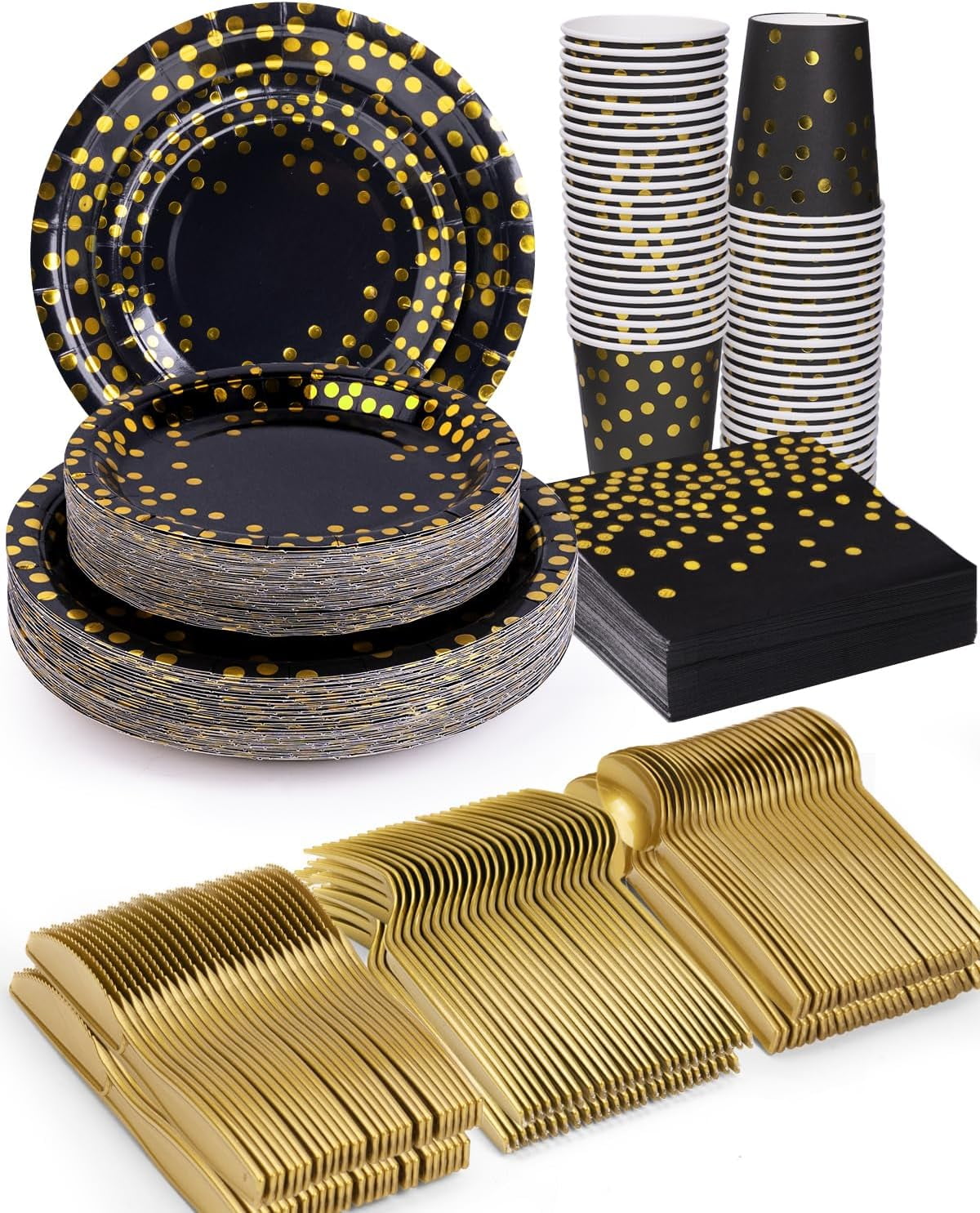 350 Pieces Party Supplies, Black and Gold Party Plates Cups and Napkins ...