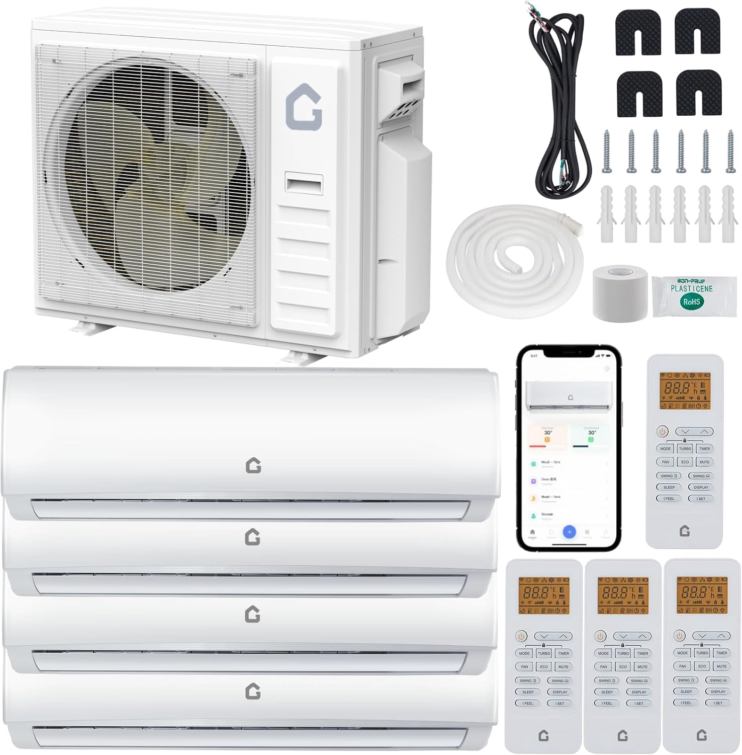 35000 BTU Quad Zone Mini Split AC/Heating System, 19 SEER2 4 Zone 9000 ...