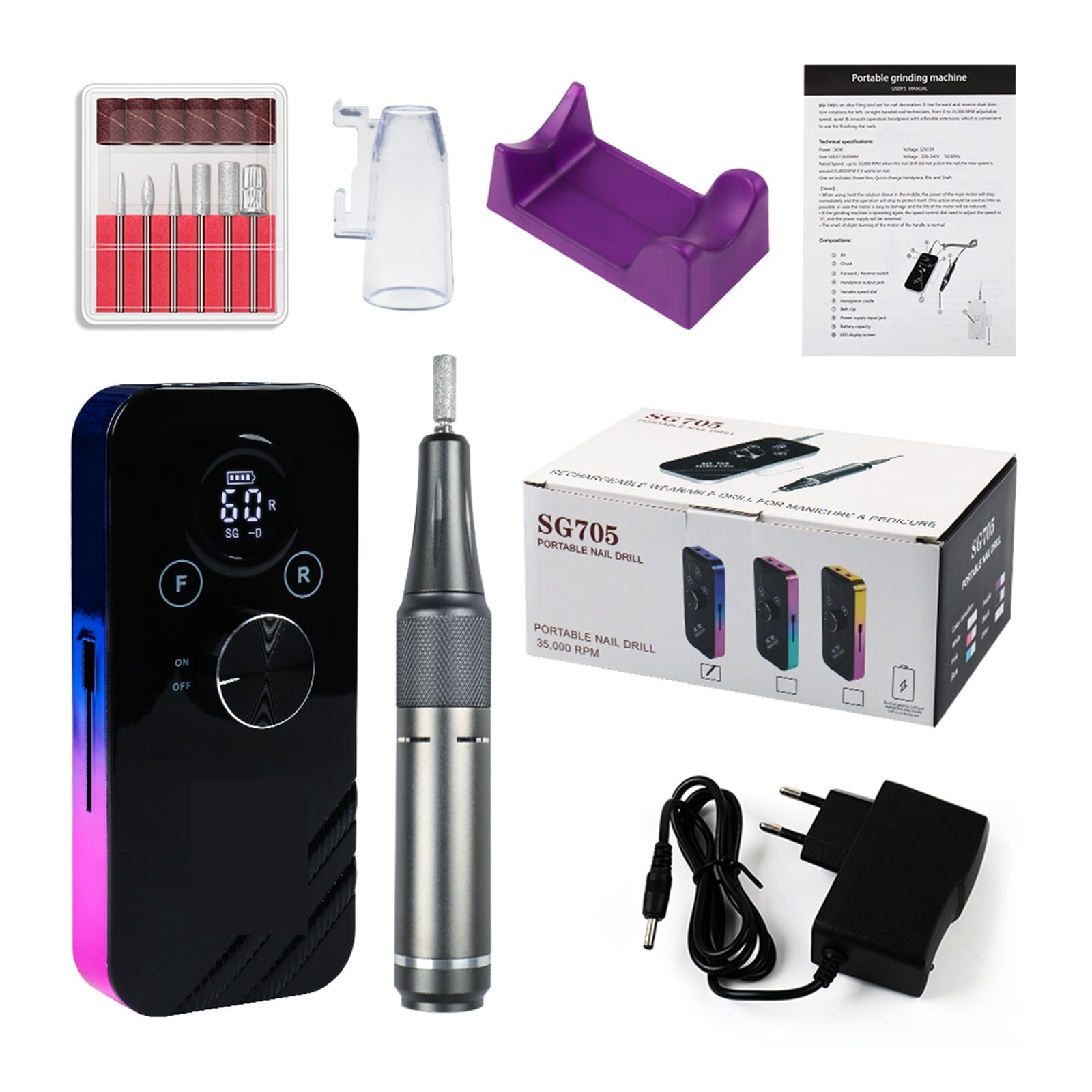 35000 RPM Portable Electric Nail Drill Machine, Rechargeable Nail Mill ...
