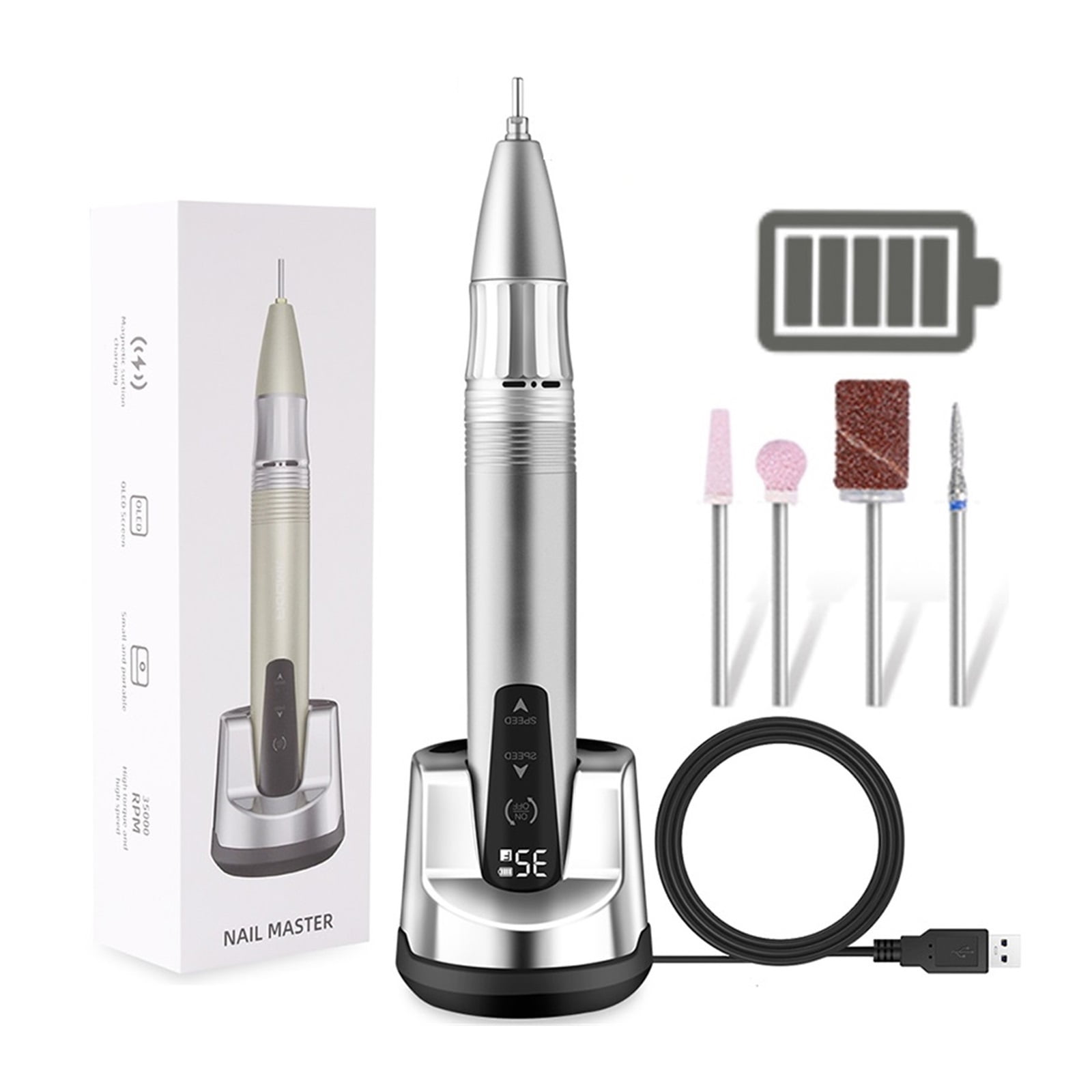 35000RPM Cordless Nail Drill Machine, Rechargeable Portable Electric ...