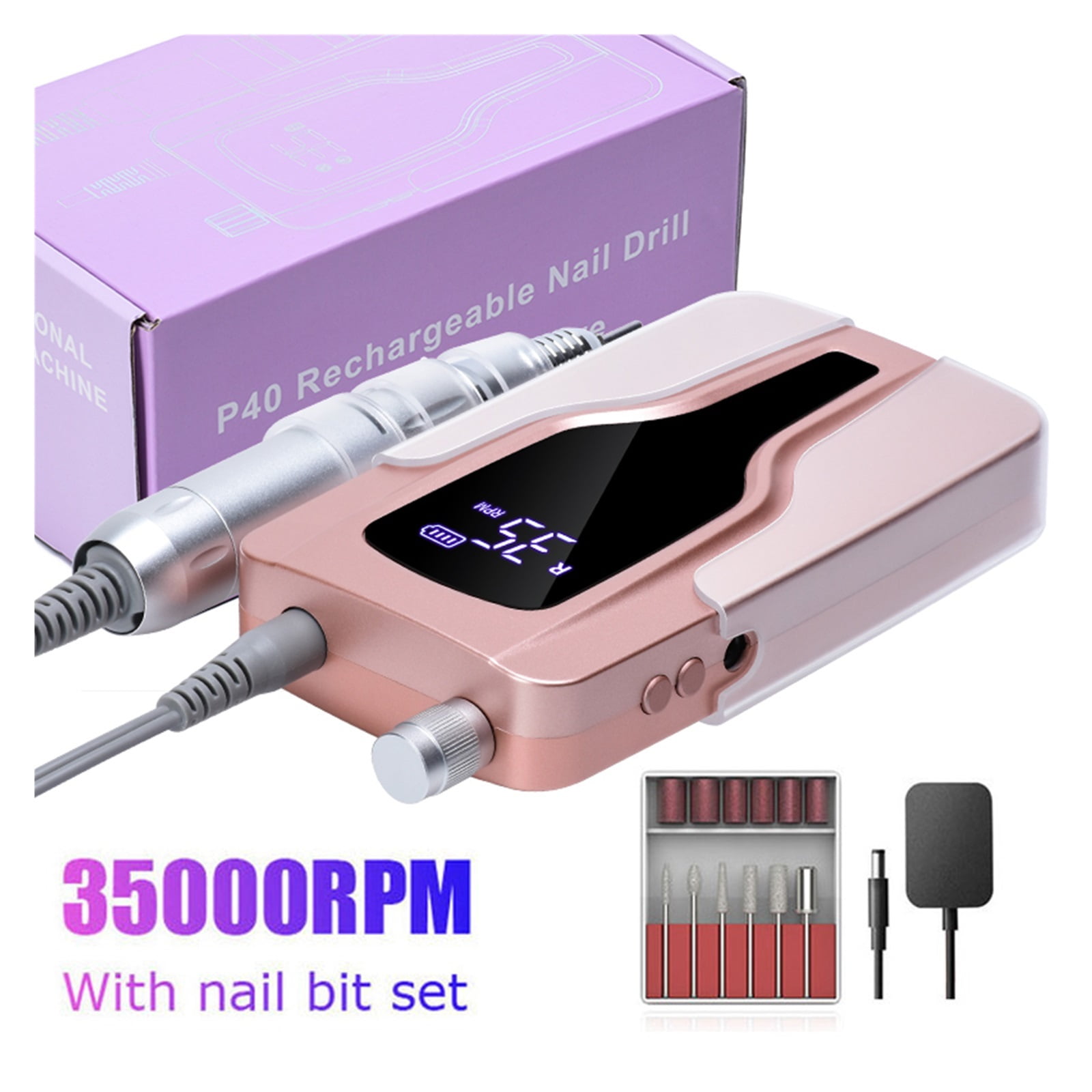 35000RPM Electric Nail Drill Machine, Rechargeable Nail Sander, LED ...